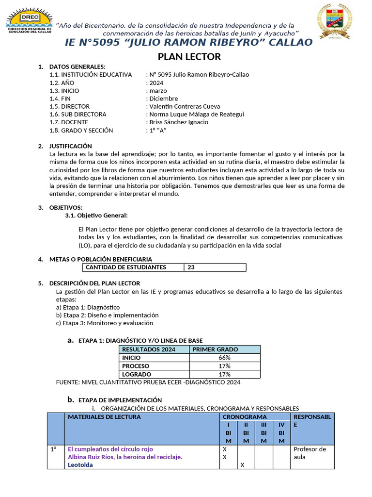 1°-Plan Lector 2024 | PDF | Cognición