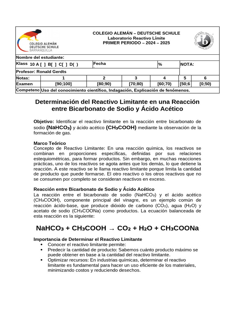 Determinación del Reactivo Limitante en Reacciones | PDF | Reacciones químicas | Vinagre