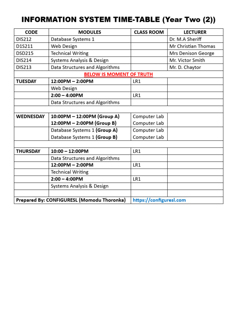 I.S Year 2 Time Table Updated | PDF