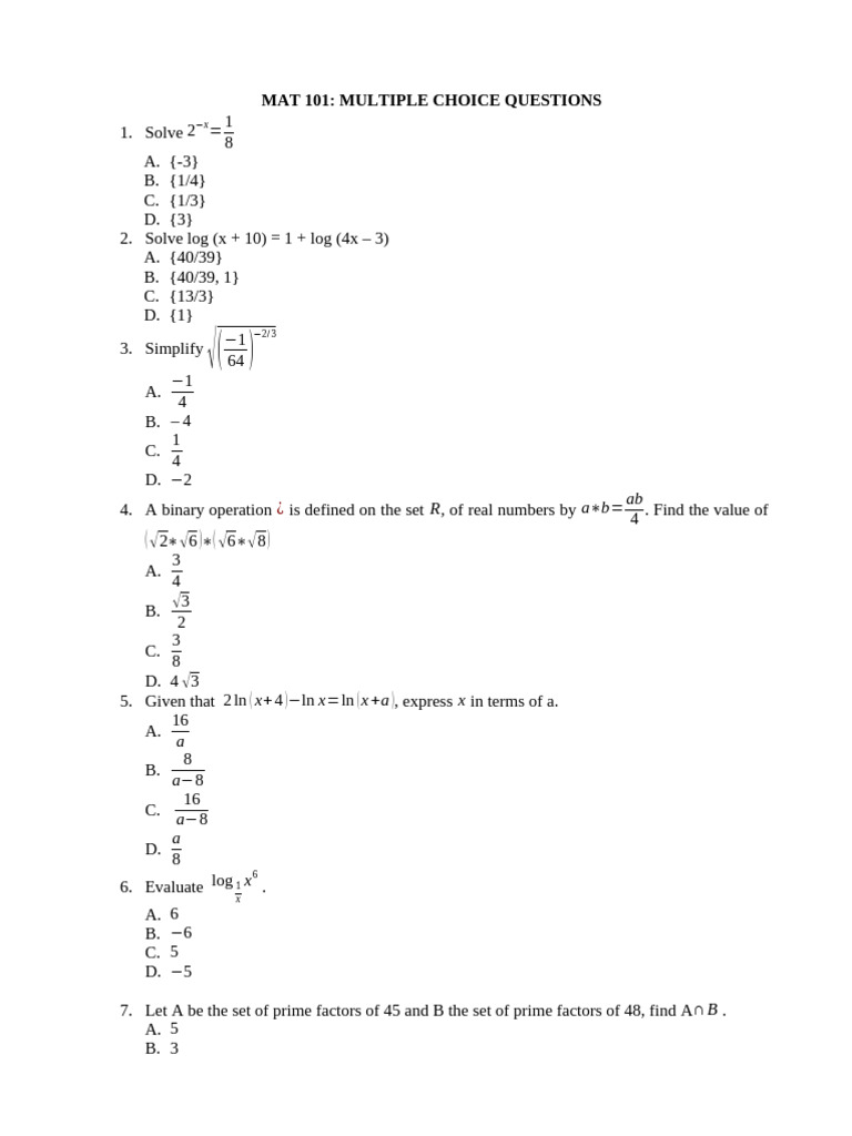 MATH 101 Past Question-1-1 | PDF | Mathematical Concepts | Mathematical ...