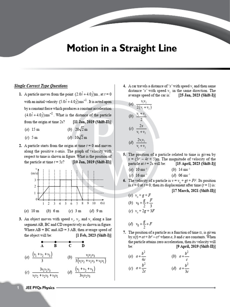 Motion in a Straight Line _ PYQ Practice Sheet ~ (Physics) | PDF ...