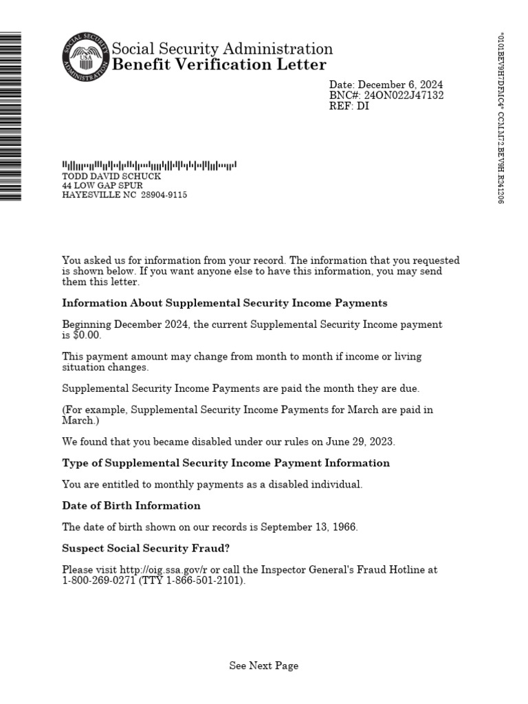 SSI Benefit Verification Letter | PDF