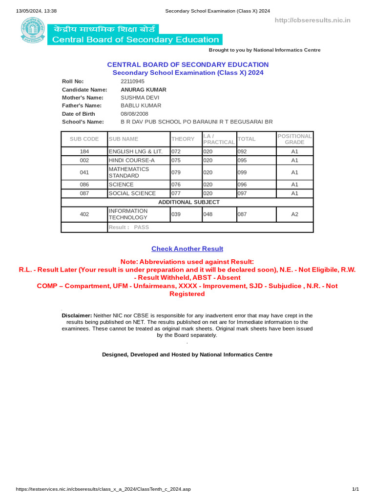 Anurag 10 Result | PDF | Adolescence | Government Of India