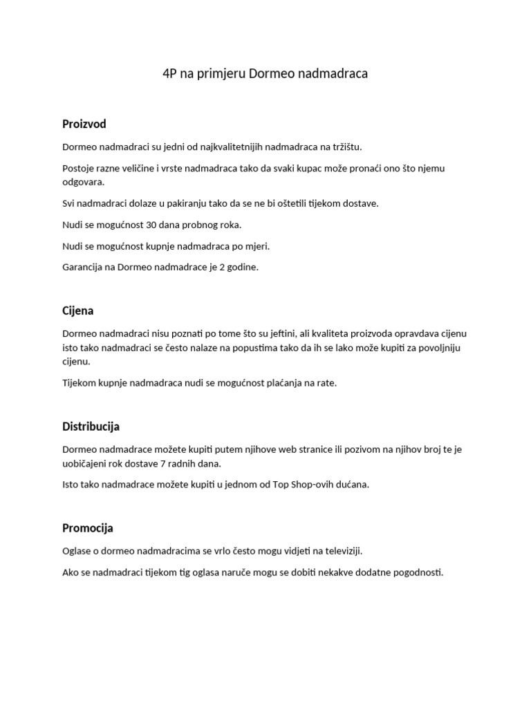 4P Na Primjeru Dormeo Nadmadraca | PDF