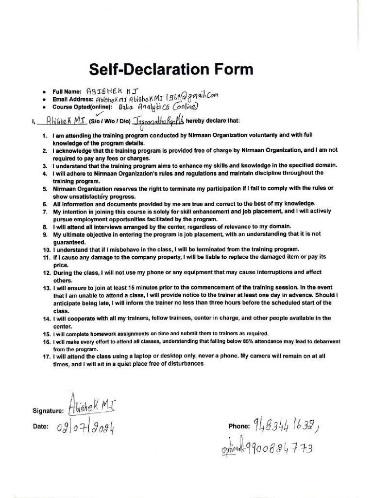 Abishek M J Self Declaration Form of Data Analytics | PDF