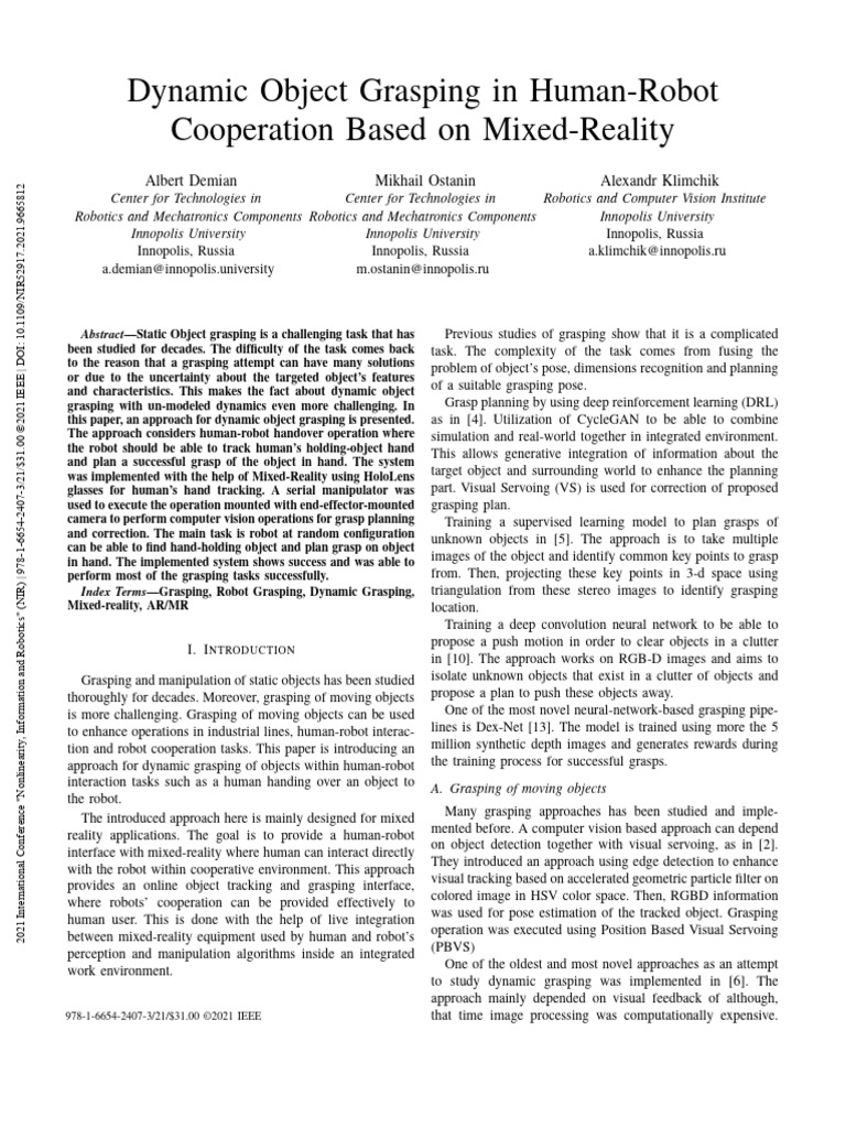 Dynamic Object Grasping in Human-Robot Cooperation Based On Mixed-Reality | PDF | Mixed Reality ...
