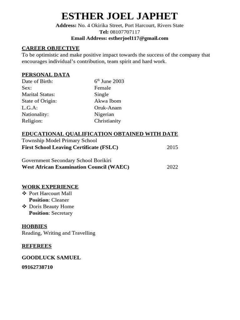 ESTHER JOEL JAPHET - Copy | PDF