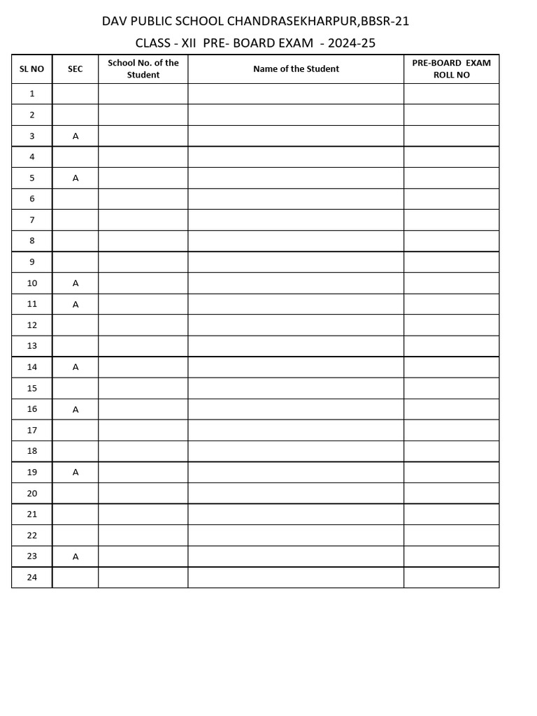 Class XII Pre-Board Exam 2024-25 List | PDF