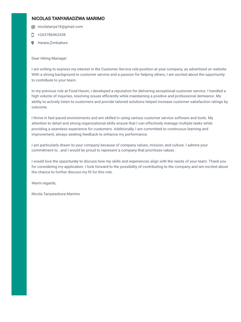 Cover Letter For Nicola | PDF