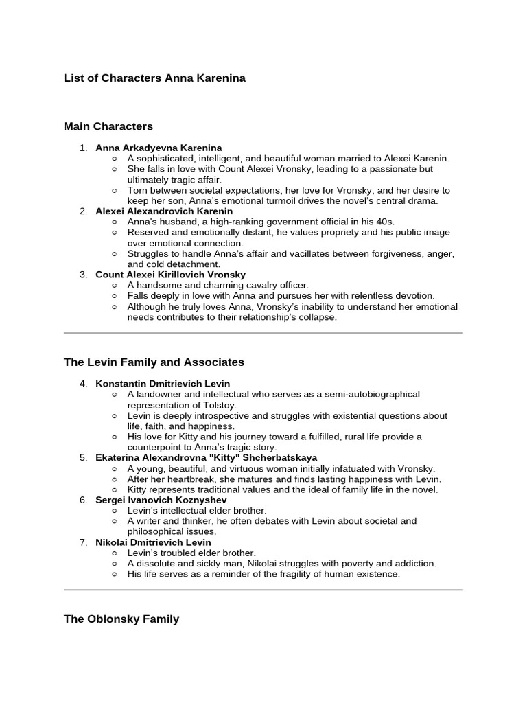 List of Characters Anna Karenina | PDF | Anna Karenina | Russian ...