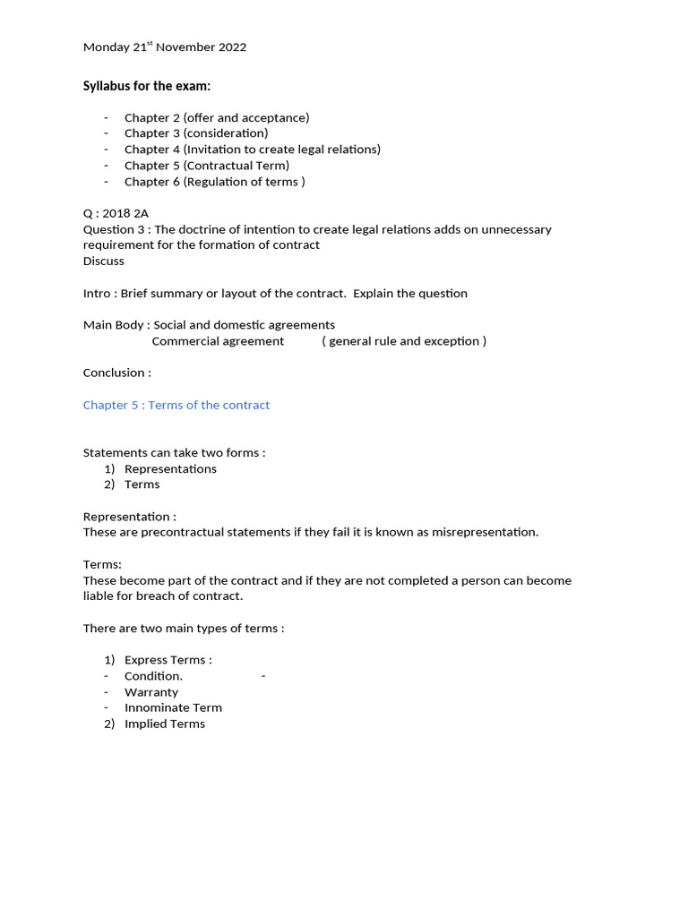 Contract Law Exam Syllabus Overview | PDF