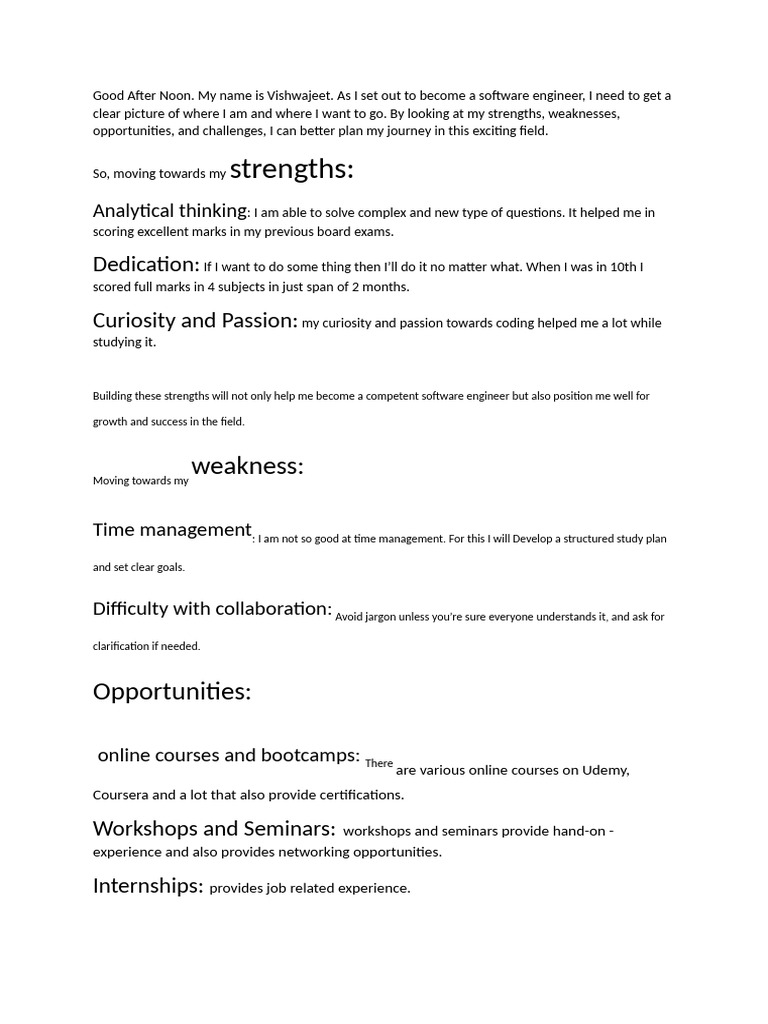 SWOC Analysis for Aspiring Software Engineers | PDF