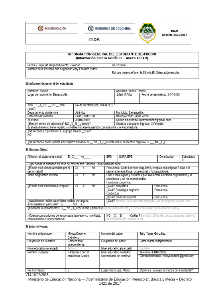 Formato Piar Itida | PDF | Educación de la primera infancia | Inclusión ...