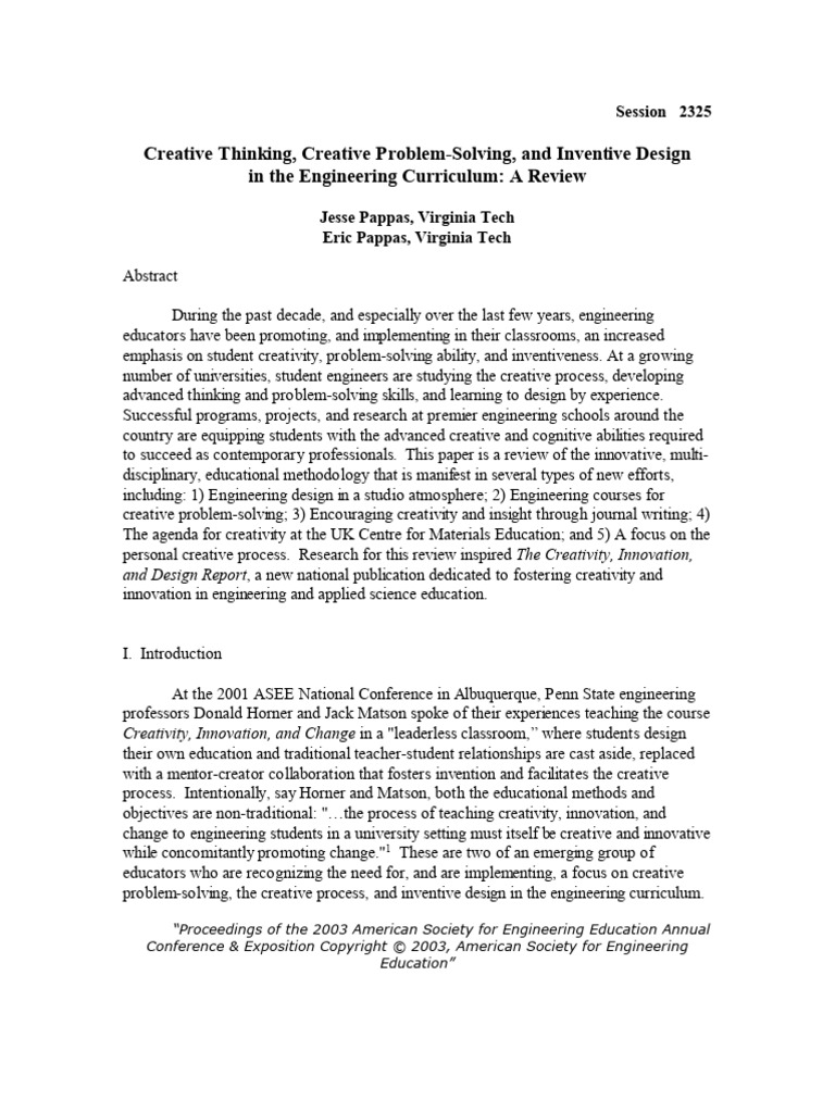 Creative Thinking Creative Problem Solving and Inventive Design in The ...