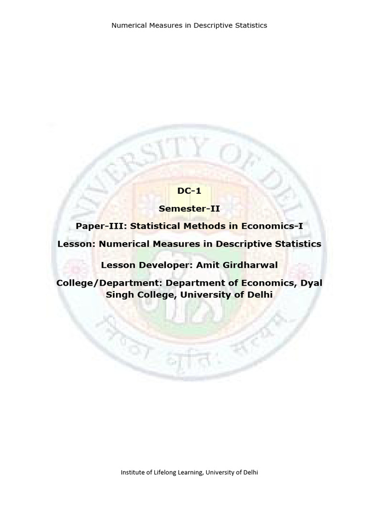 Descriptive Statistics: Numerical Measures | PDF | Mean | Skewness