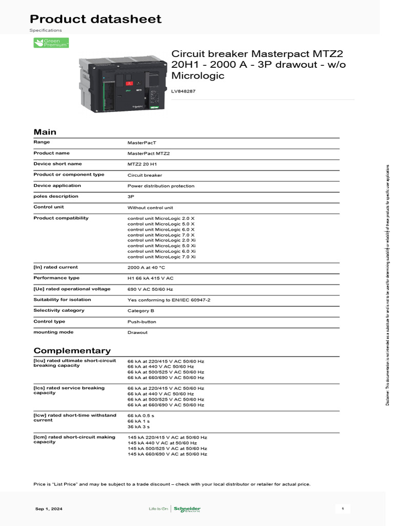 Masterpact MTZ2 Circuit Breaker 2000A | PDF | Alternating Current ...