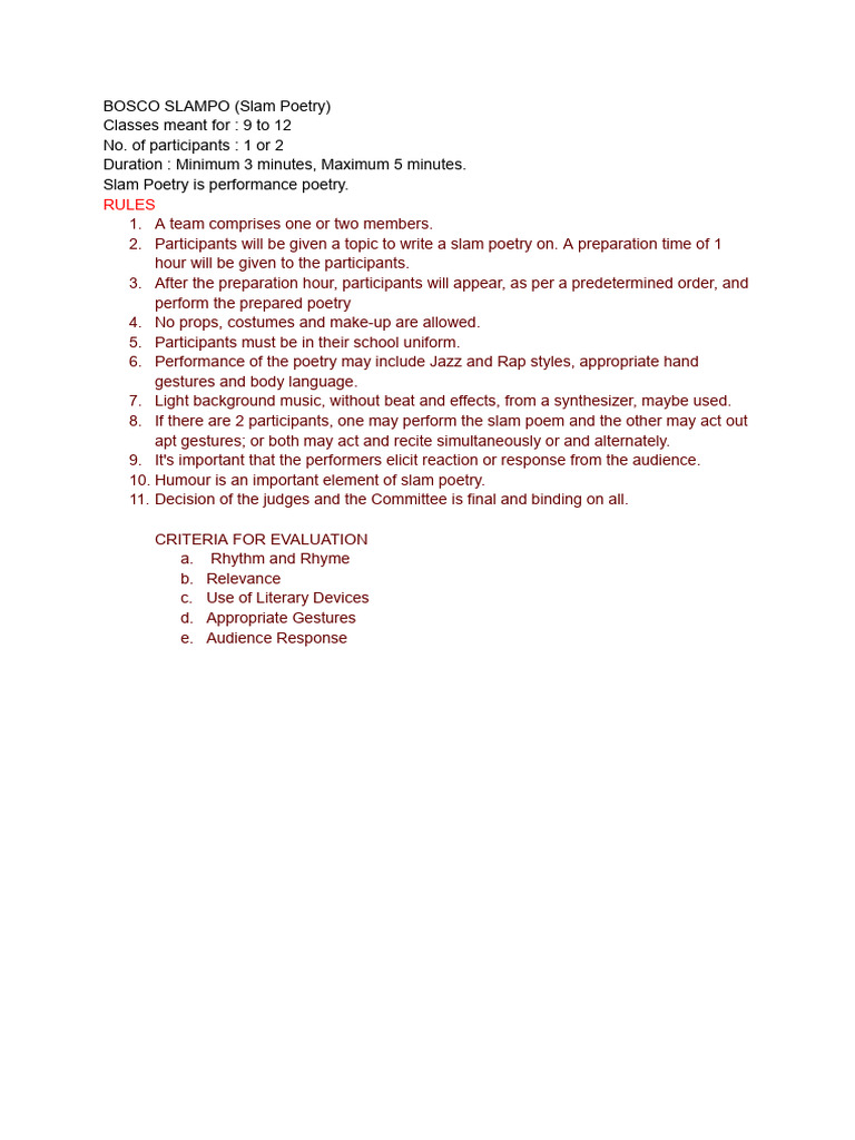 Slam Poetry Contest Rules & Guide | PDF