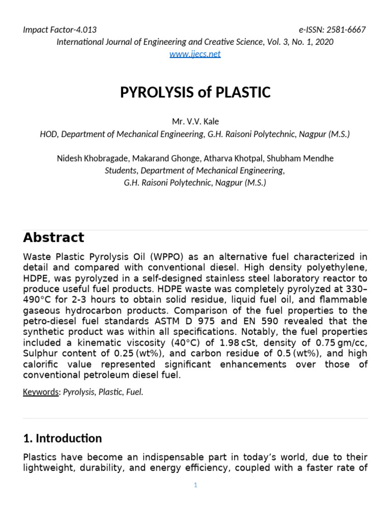 Pyrolysis of HDPE Waste for Fuel Production | PDF | Pyrolysis | Plastic