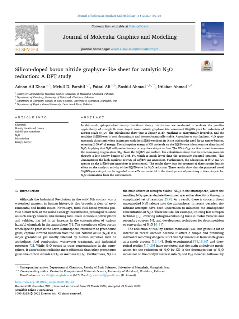 Silicon-Doped Boron Nitride Graphyne-Like Sheet For Catalytic N2O Reduction A DFT Study | PDF ...