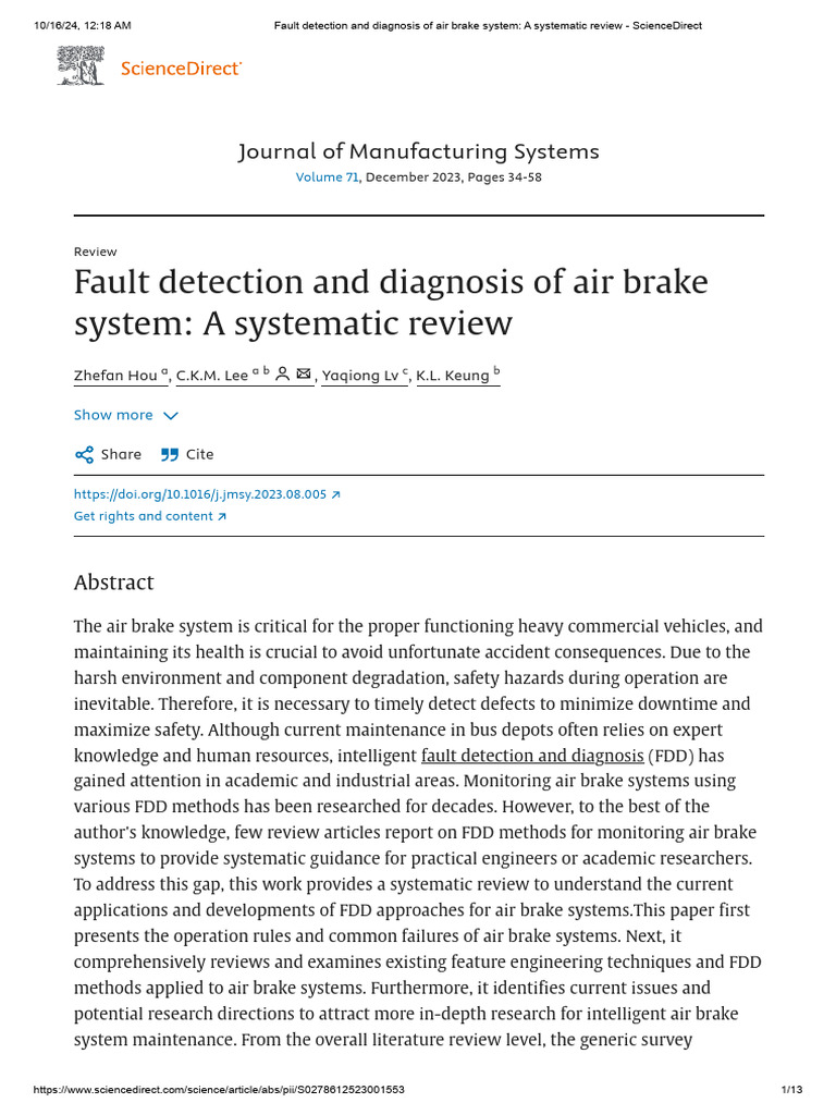 Fault Detection and Diagnosis of Air Brake System - A Systematic Review - ScienceDirect | PDF ...