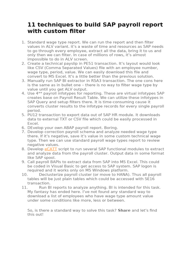 11 Techniques To Build SAP Payroll Report With Custom Filter | PDF