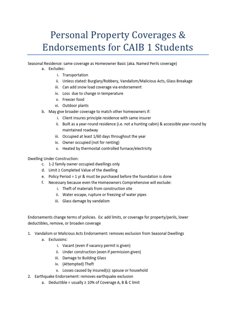 Personal Property Coverages & Endorsements For CAIB 1 Students | PDF ...