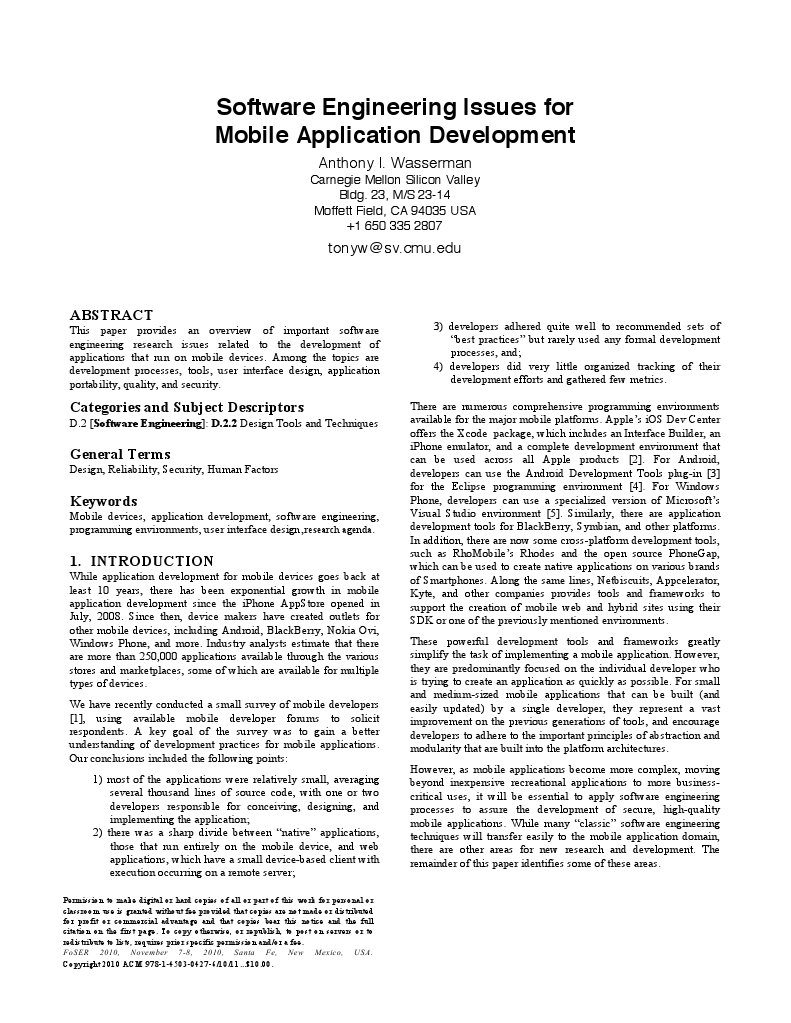 Software Engineering Issues For Mobile Application Development PDF 
