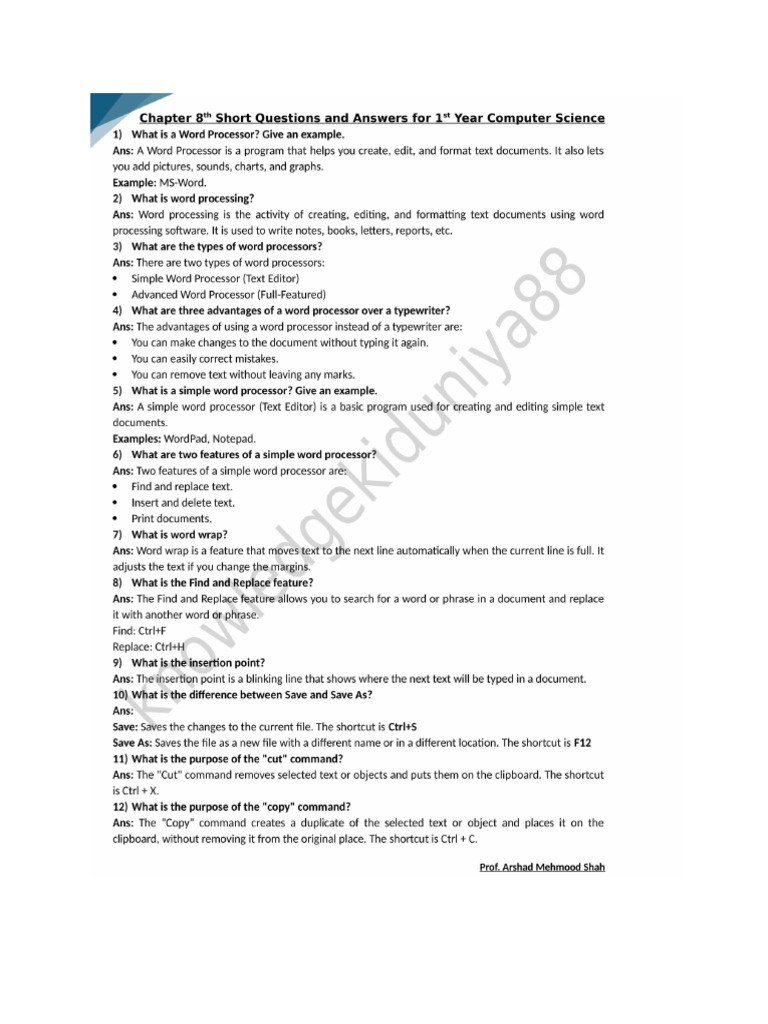 Chapter 8 Notes For 1st Year Computer Science | PDF