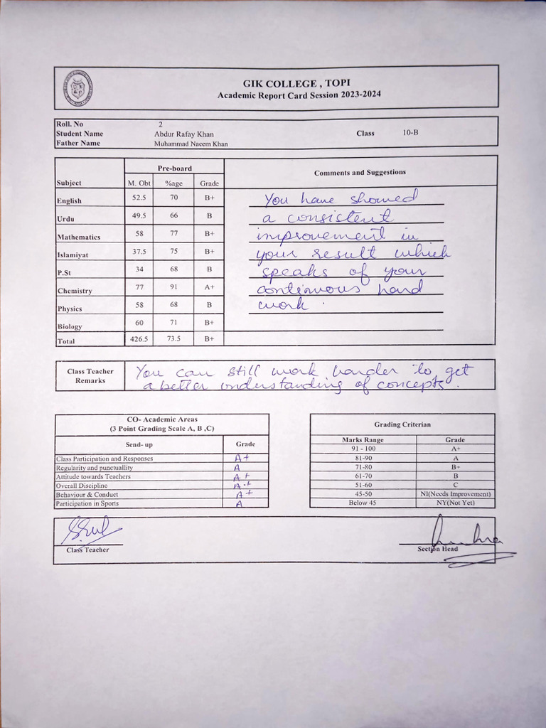 Class 10 Academic Report Card 2023-24 | PDF