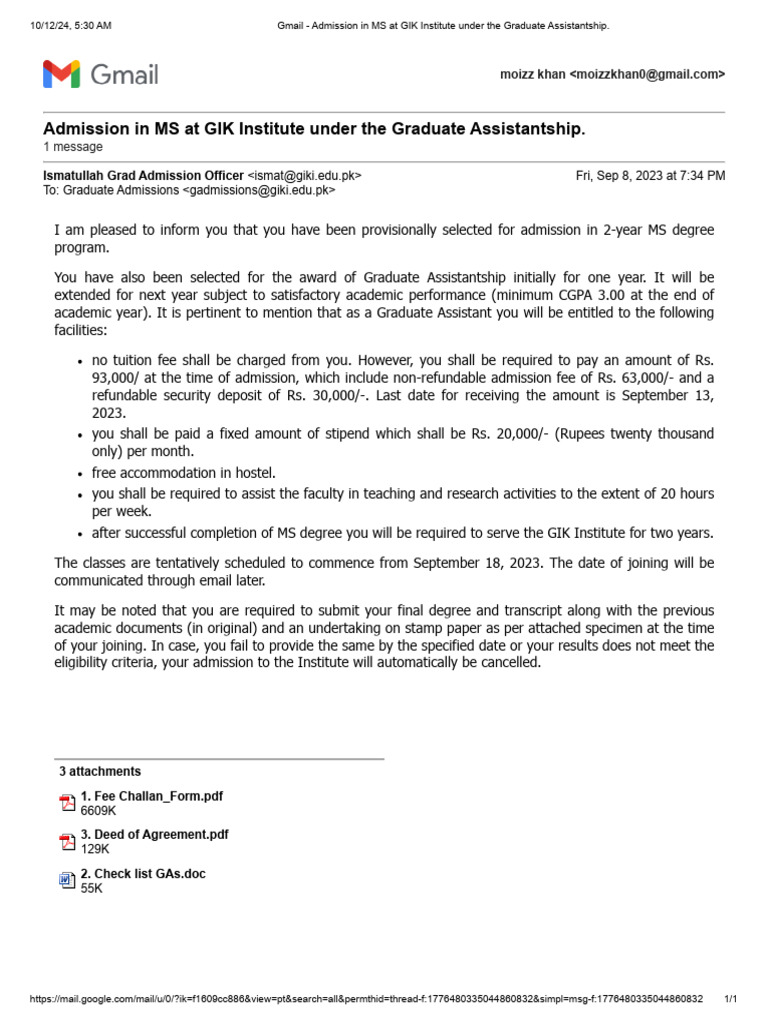 Gmail - Admission in MS at GIK Institute under the Graduate Assistantship_ | PDF