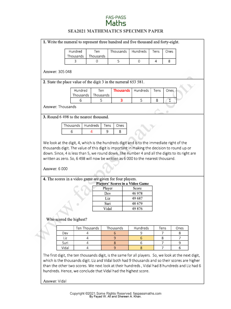 SEA Maths 2021 Specimen Past Paper Solutions | PDF