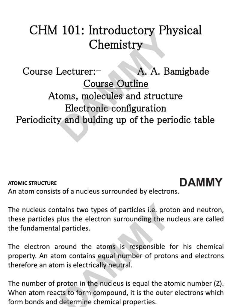 CHM 101 Lecture Note For 2022 Accademic Session | PDF