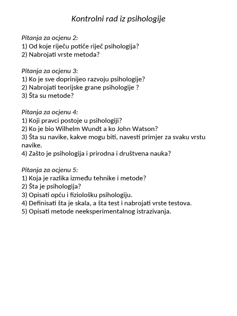 Primjer Testa Iz Psihologije | PDF