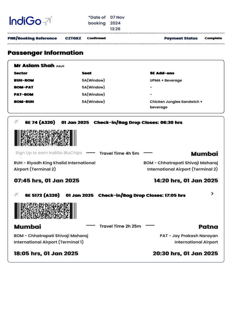 IndiGo Flight Itinerary 6E 5173 | PDF | Travel Visa | Value Added Tax