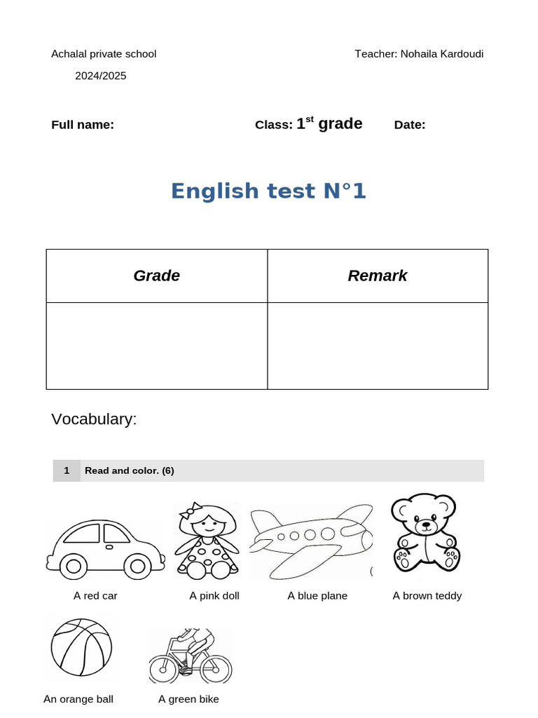 1st Grade English Test | PDF
