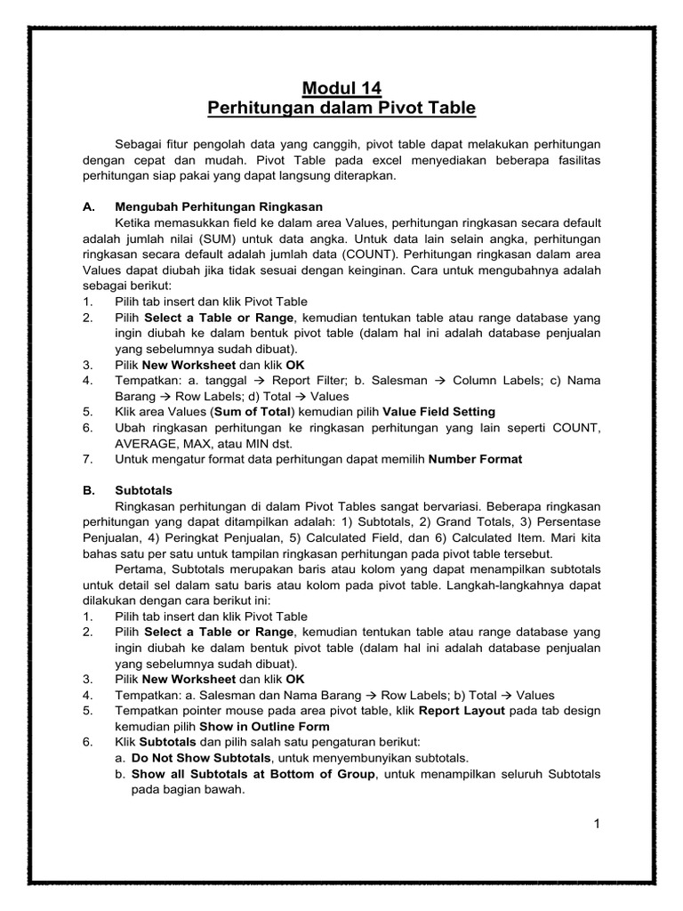 Modul 14 - Perhitungan Dalam Pivot Table | PDF