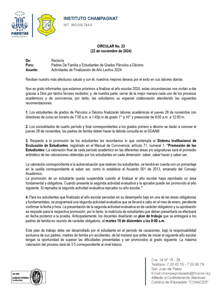 Circular 23 Fin de año escolar Párvulos a Décimo 2024 | PDF | Educación de la primera infancia