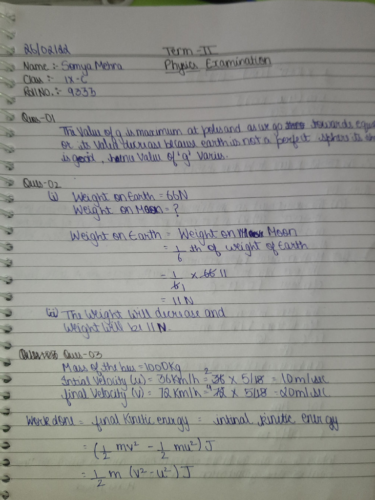 Somya Mehra IX-C 33 Physics Term 2 Exam | PDF