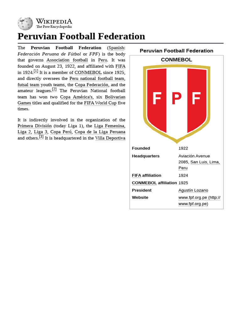 Peruvian Football Federation Overview | PDF | Association Football | Sports