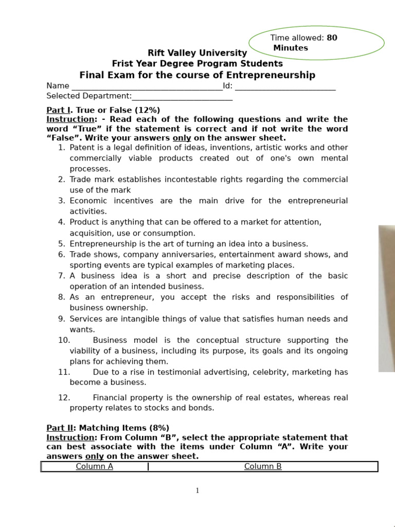 RVU Entreperenurship Exam | PDF | Entrepreneurship | Intellectual Property