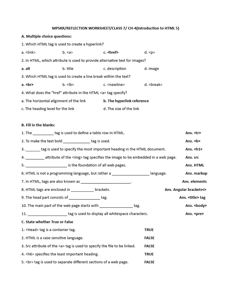 Class Ch-4 Worksheet WITH SOLUTION | PDF | Html Element | Html