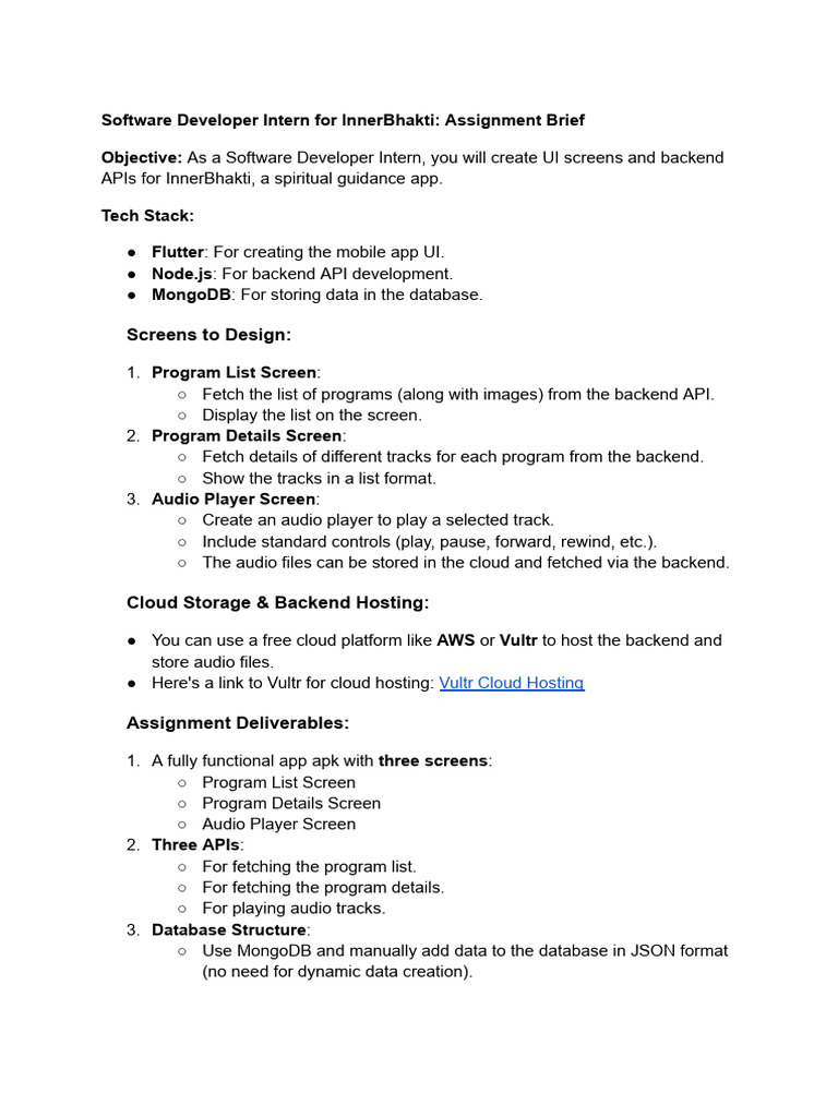 Software Developer Intern For InnerBhakti - Assignment Brief | PDF