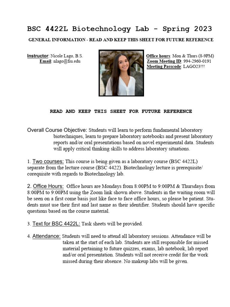 Biotechnology Lab Syllabus Spring 2023 Lago-3 (1) | PDF | Polymerase Chain Reaction | Gel ...