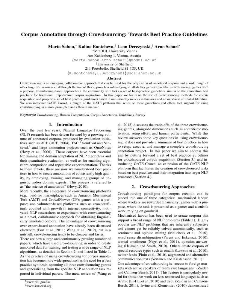 Corpus Annotation Through Crowdsourcing - Towards Best Practice Guidelines (Sabou Et Al., 2014 ...