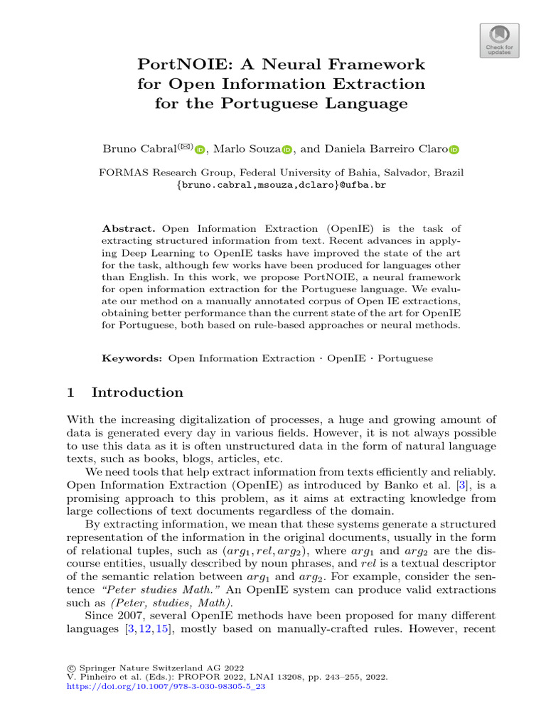 PortNOIE - A Neural Framework for Open Information Extraction for the Portuguese Language ...