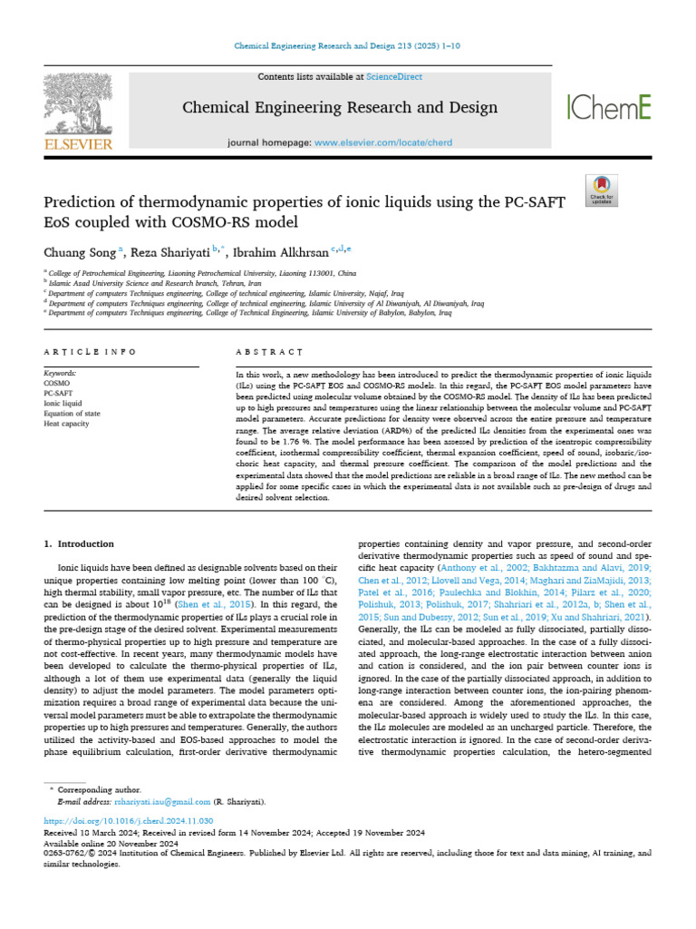 Song, C. Et Al. Prediction of Thermodynamic Properties of Ionic Liquids Using The PC-SAFT EoS ...