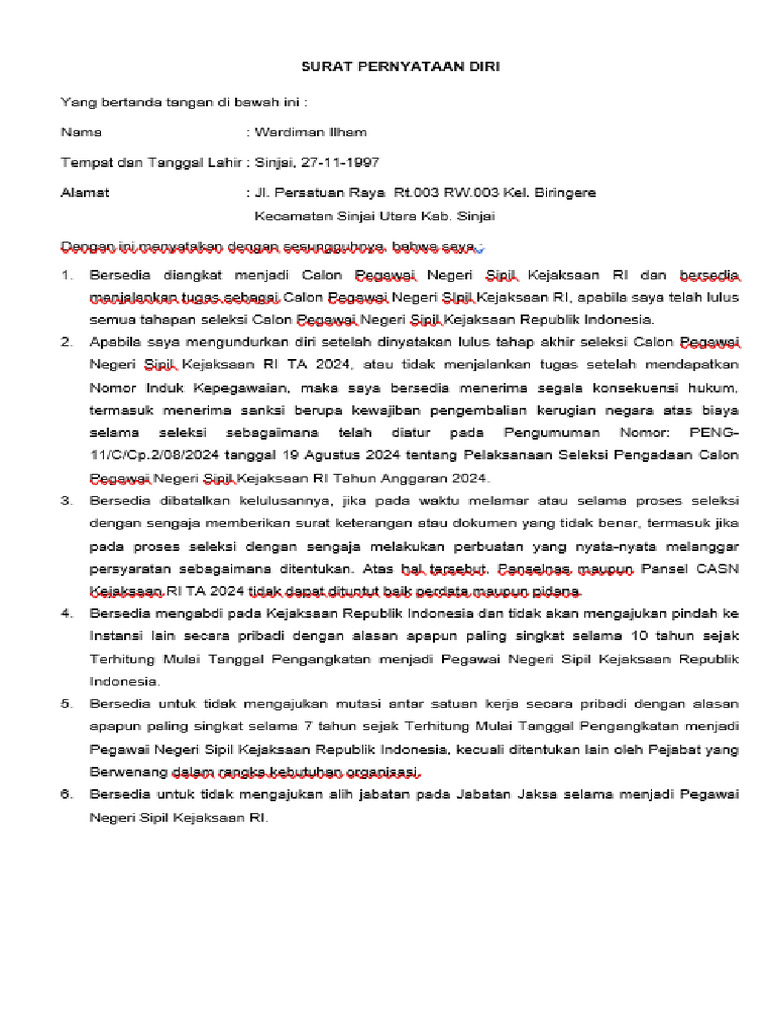 SURAT PERNYATAAN DIRI WARDIMAN | PDF