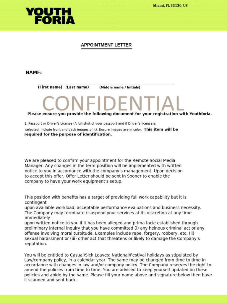 Appointment - Letter - Admin - HR - Youthforia | PDF | Social Media ...