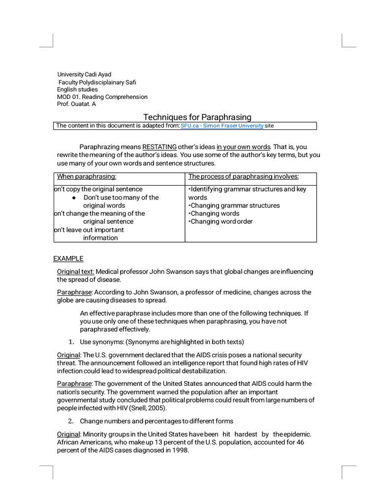 3 - M1, Reading Comprehension, Week 3 Techniques For Paraphrasing, Pr ...