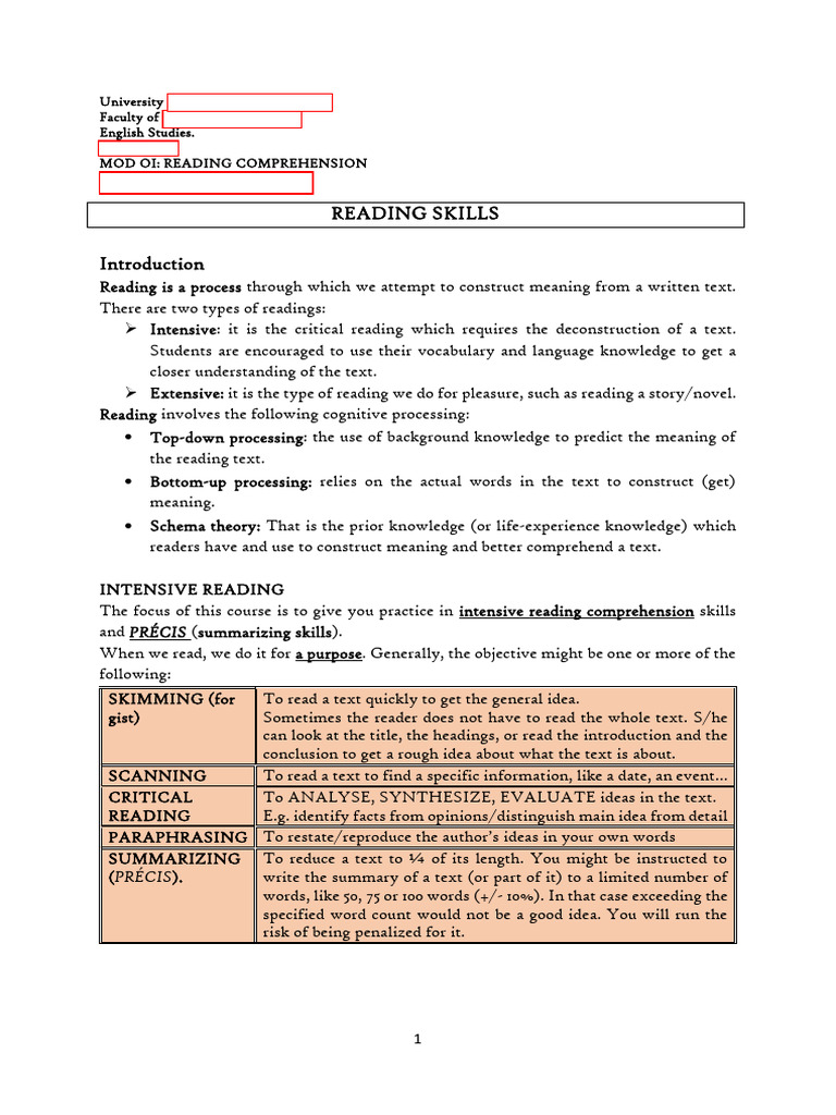1 - M01, READING COMPREHENSION WEEK 1, Pr. OUATAT | PDF | Reading ...